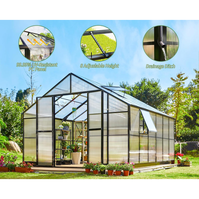 AMERLIFE 12 x 13.5 x 9 ft. Polycarbonate Greenhouse - Outdoor Aluminum Greenhouse with Quick ...